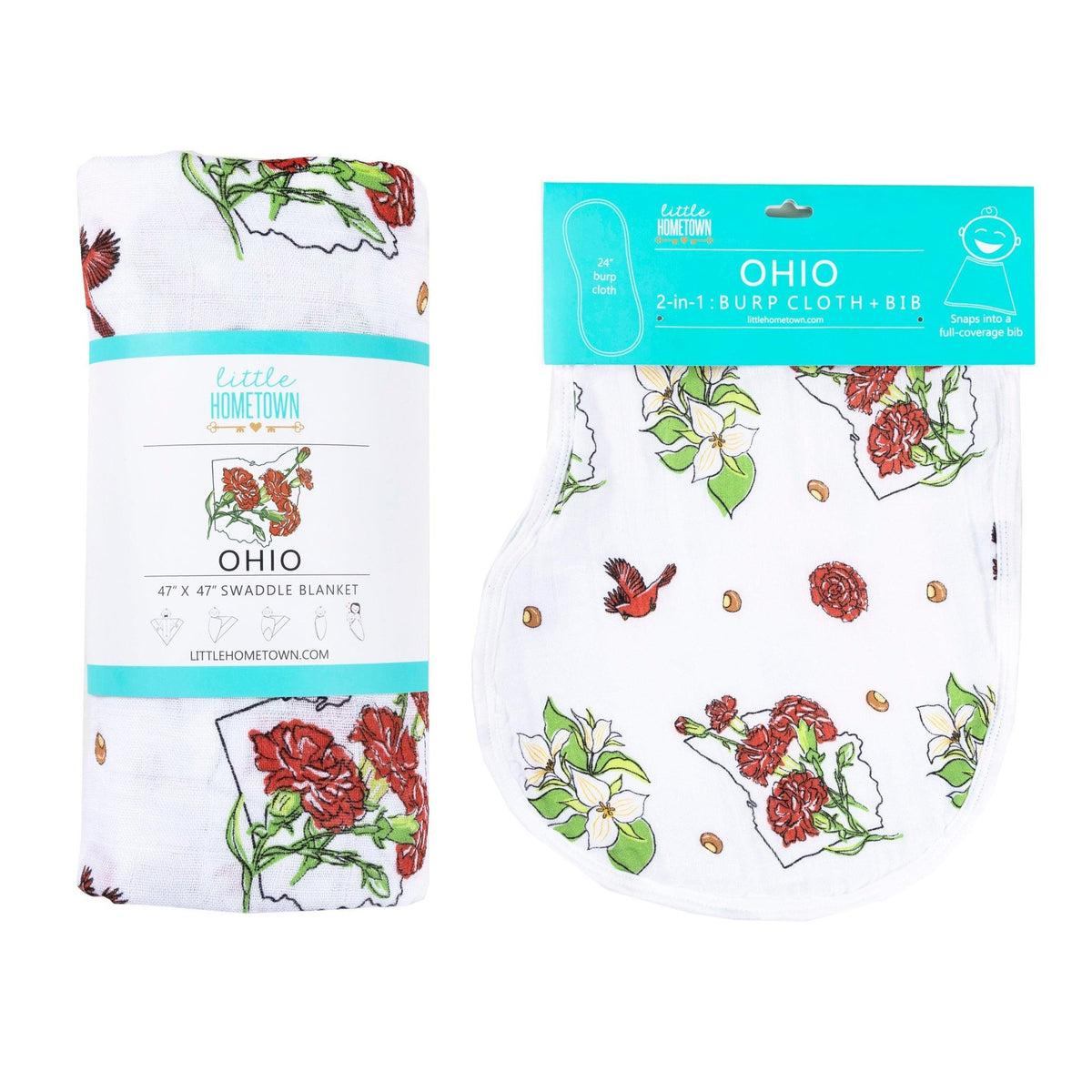 Gift Set: Ohio Baby Muslin Swaddle Receiving Blanket (Floral) and Burp ...
